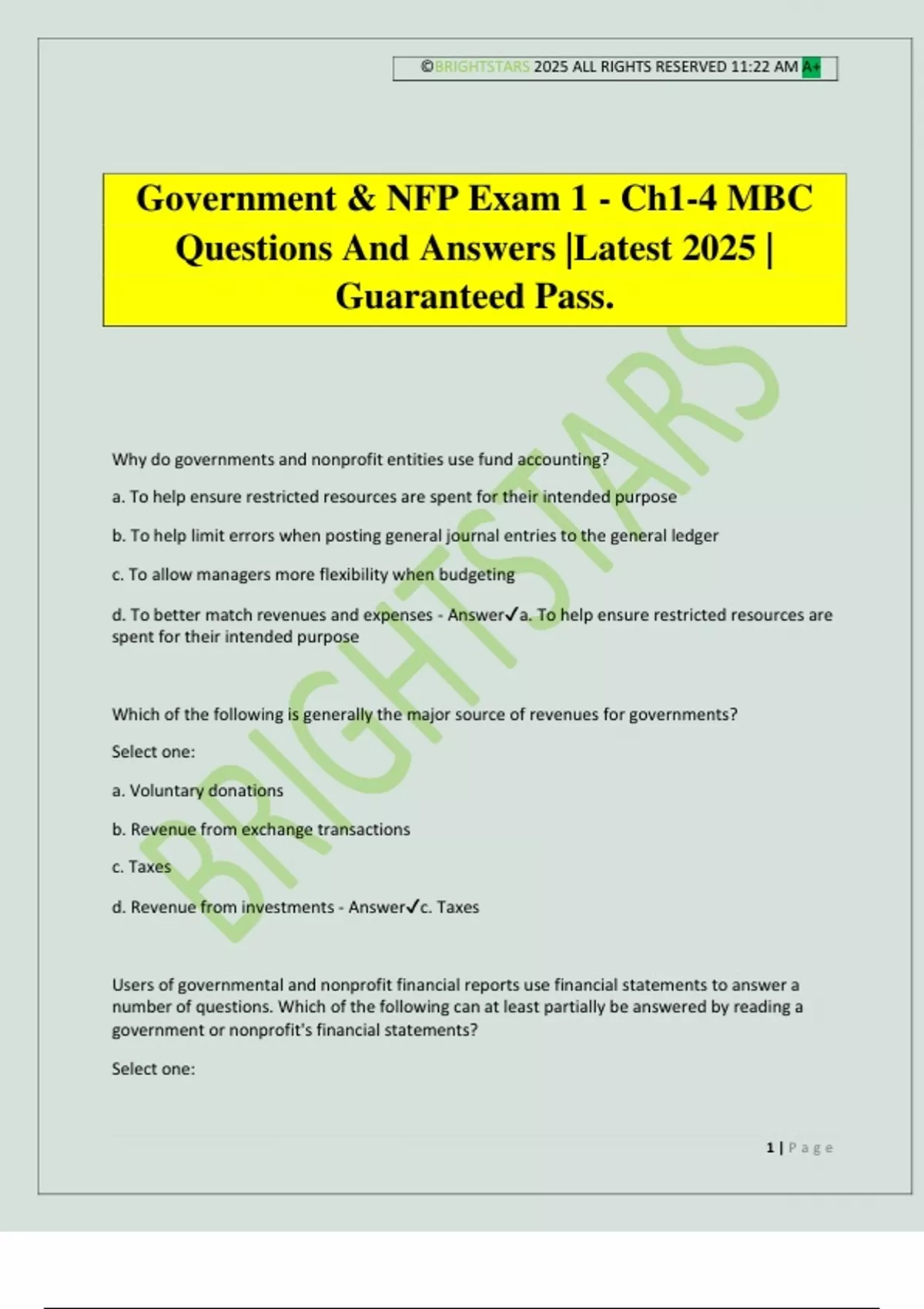 Government & NFP Exam 1 - Ch1-4 MBC Questions And Answers |Latest 2025 ...