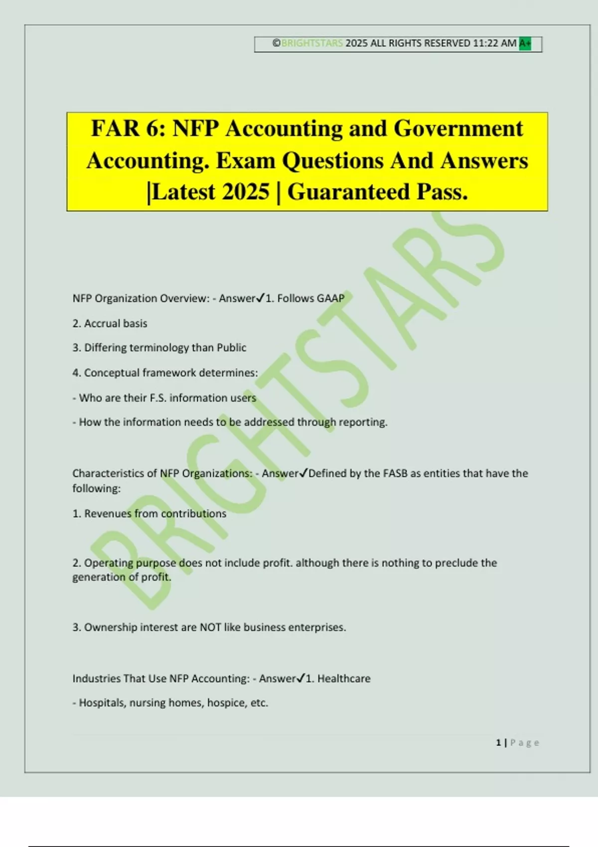 FAR 6: NFP Accounting and Government Accounting. Exam Questions And ...