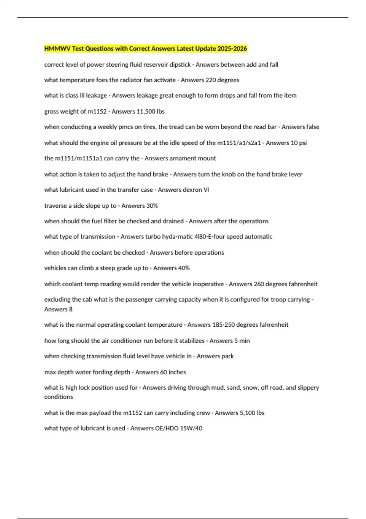 HMMWV Test Questions with Correct Answers Latest Update - HMMWV - Stuvia US