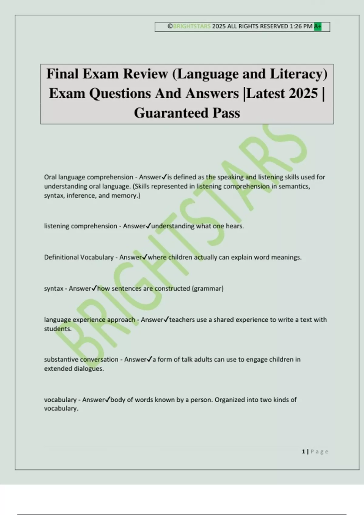 Final Exam Review (Language and Literacy) Exam Questions And Answers ...