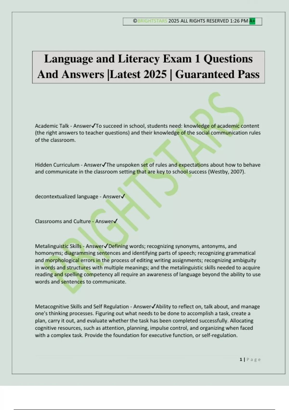 Language and Literacy Exam 1 Questions And Answers |Latest 2025 ...