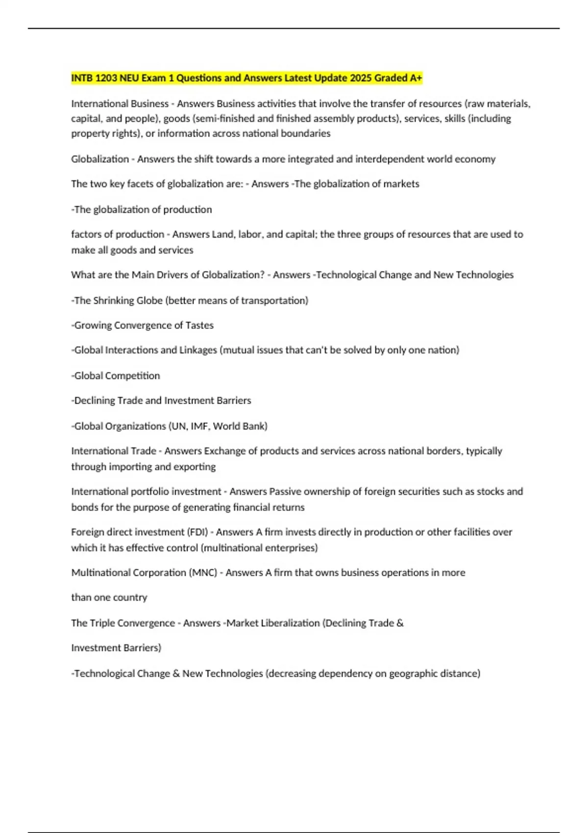 INTB 1203 NEU Exam 1 Questions and Answers Latest Update 2025 Graded A+ ...