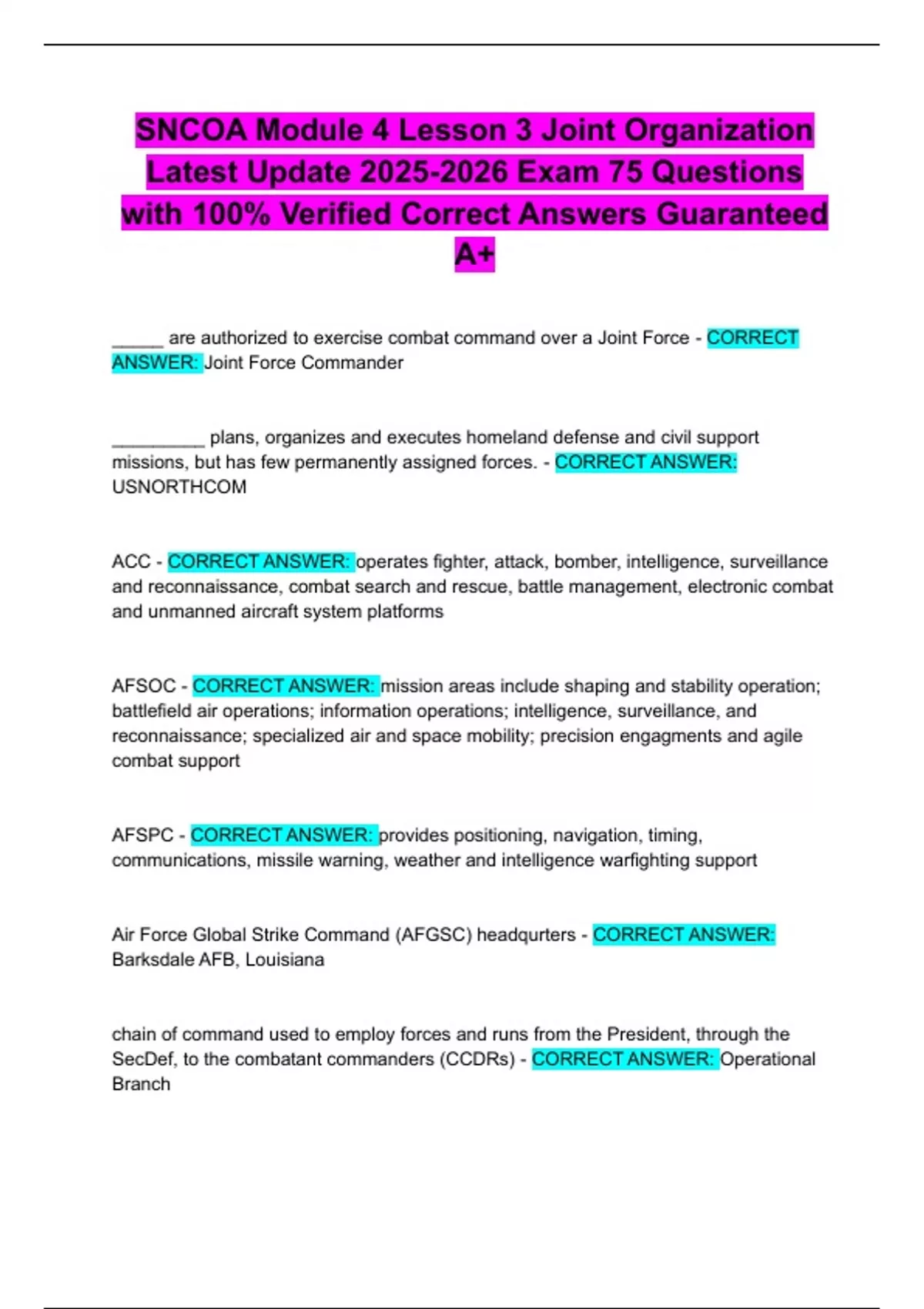 SNCOA Module 4 Lesson 3 Joint Organization Latest Update Exam 75 ...