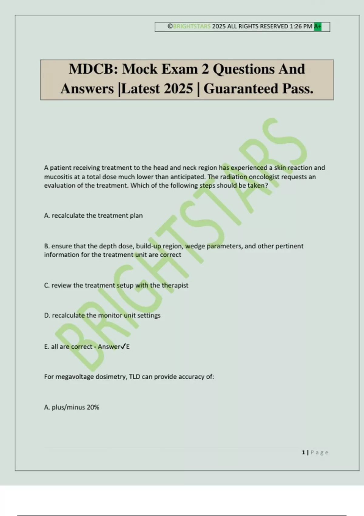 MDCB: Mock Exam 2 Questions And Answers |Latest 2025 | Guaranteed Pass ...