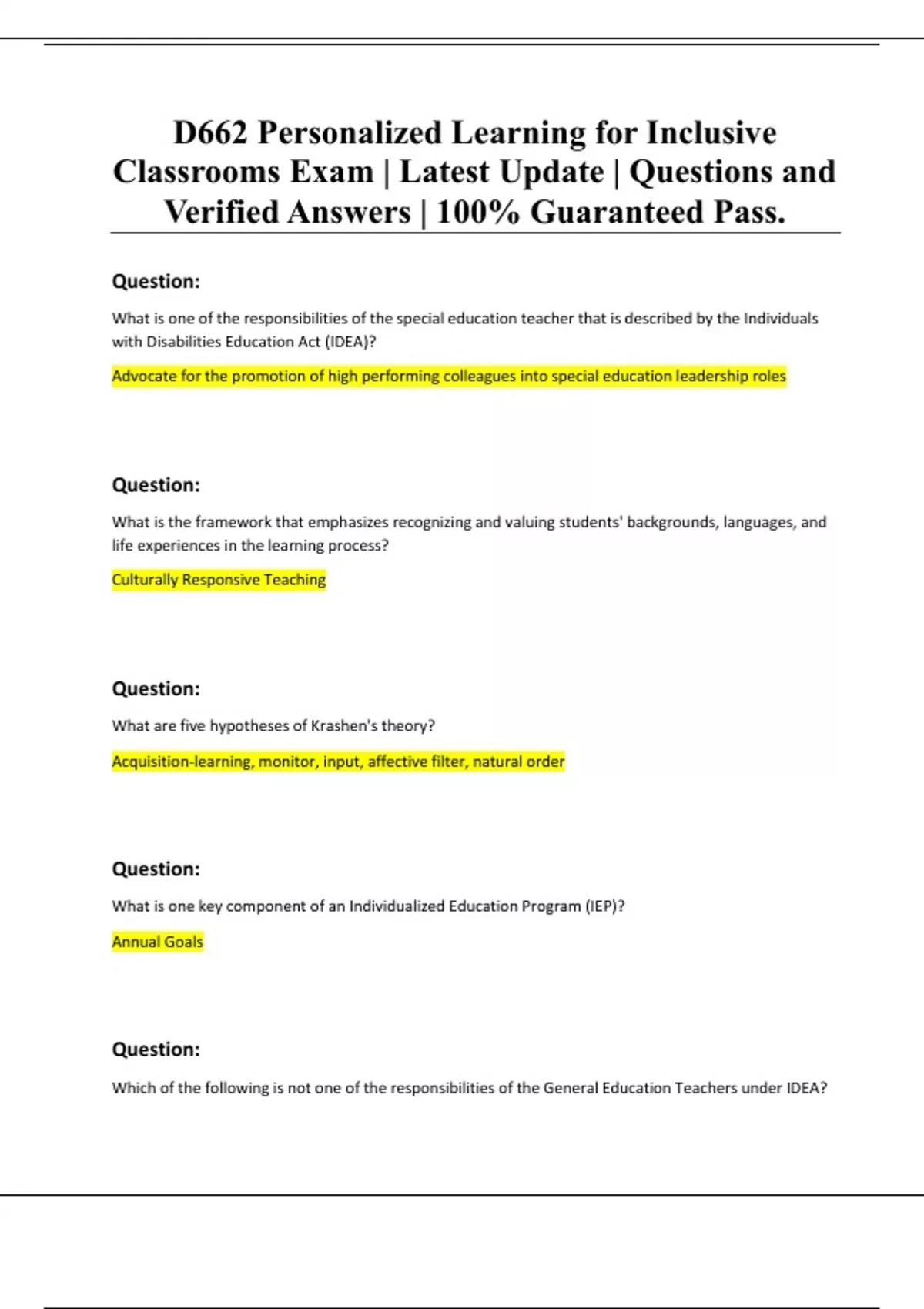 WGU D662 Exams Personalized Learning for Inclusive Classroom Bundle ...