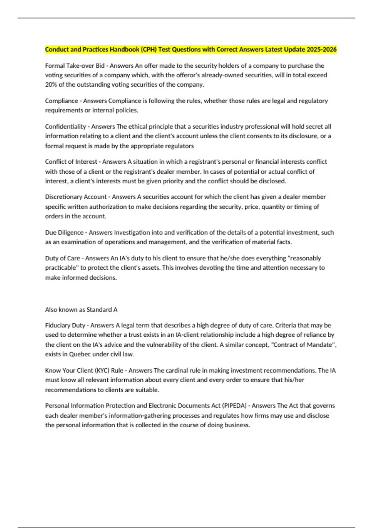 Conduct and Practices Handbook (CPH) Test Questions with Correct ...