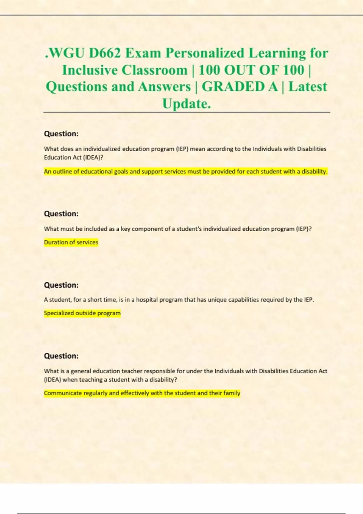 WGU D662 Exam Personalized Learning for Inclusive Classroom | 100 OUT ...
