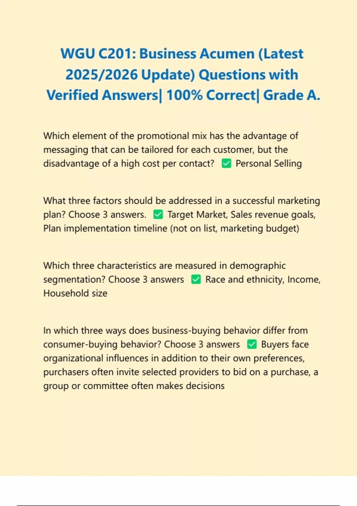 WGU C201: Business Acumen Exams PACKAGE DEAL| BUNDLE contains the ...