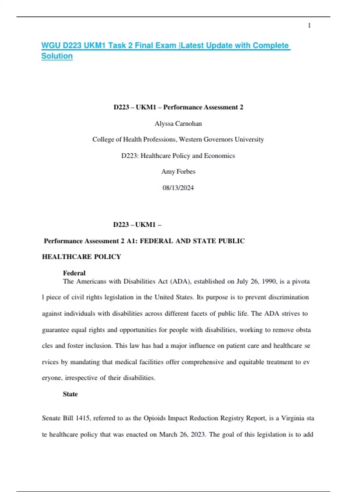 WGU D223 UKM1 Task 2 Final Exam |Latest Update with Complete Solution ...