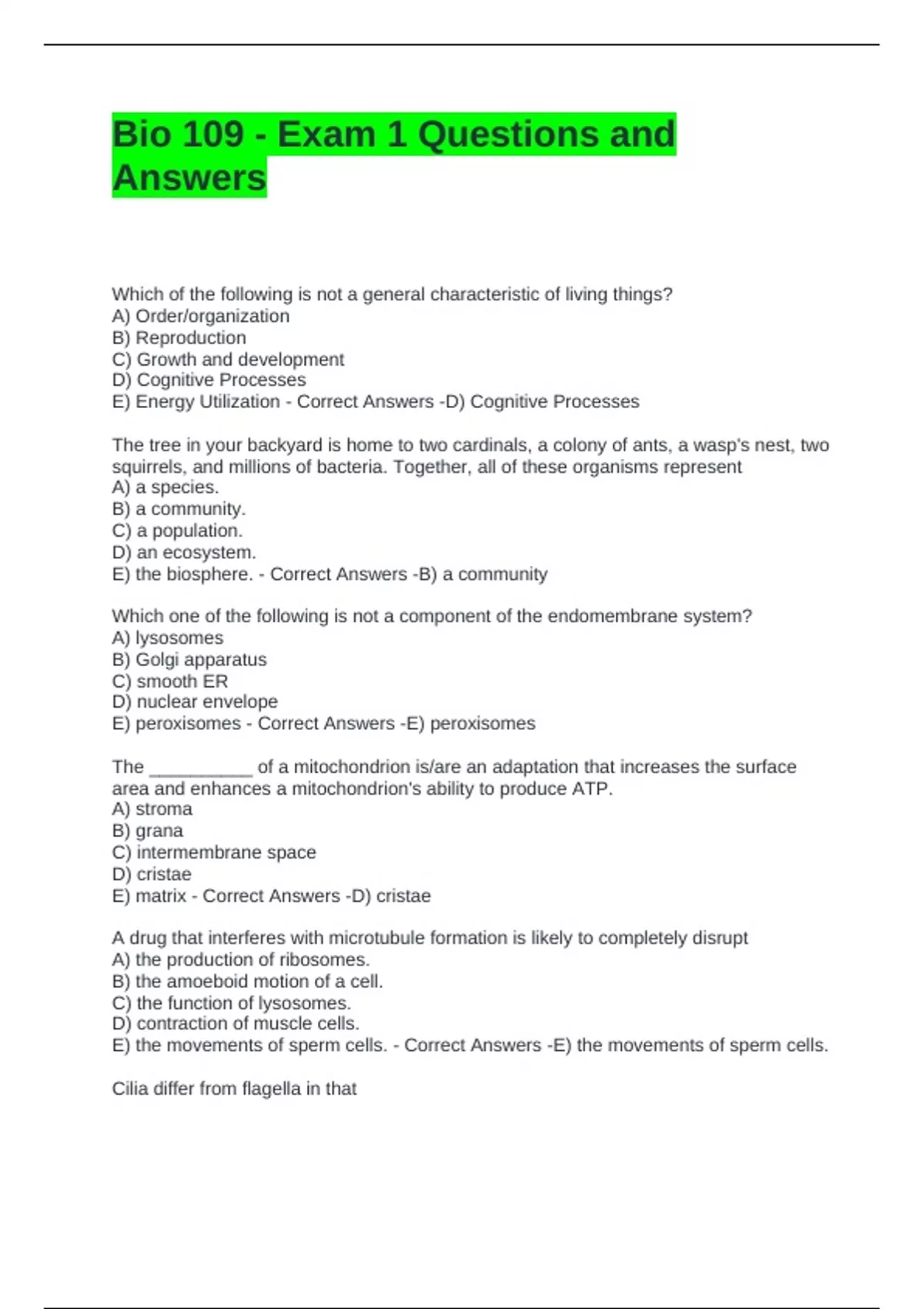 Bio 109 - Exam 1 Questions and Answers with Accurate solutions ...