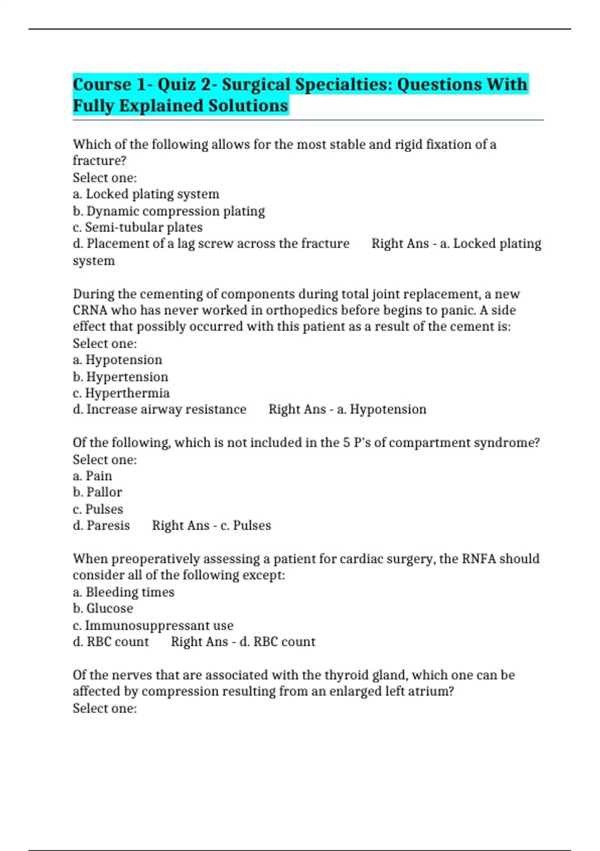 Course 1- Quiz 2- Surgical Specialties: Questions With Fully Explained ...