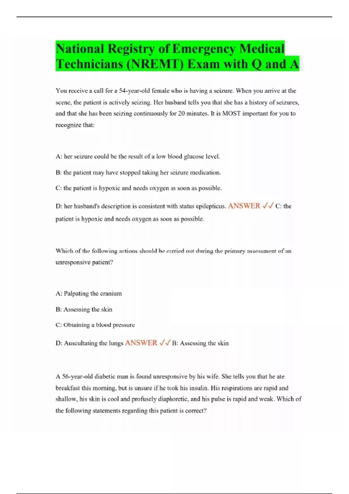 National Registry of Emergency Medical Technicians (NREMT) Exam with Q ...