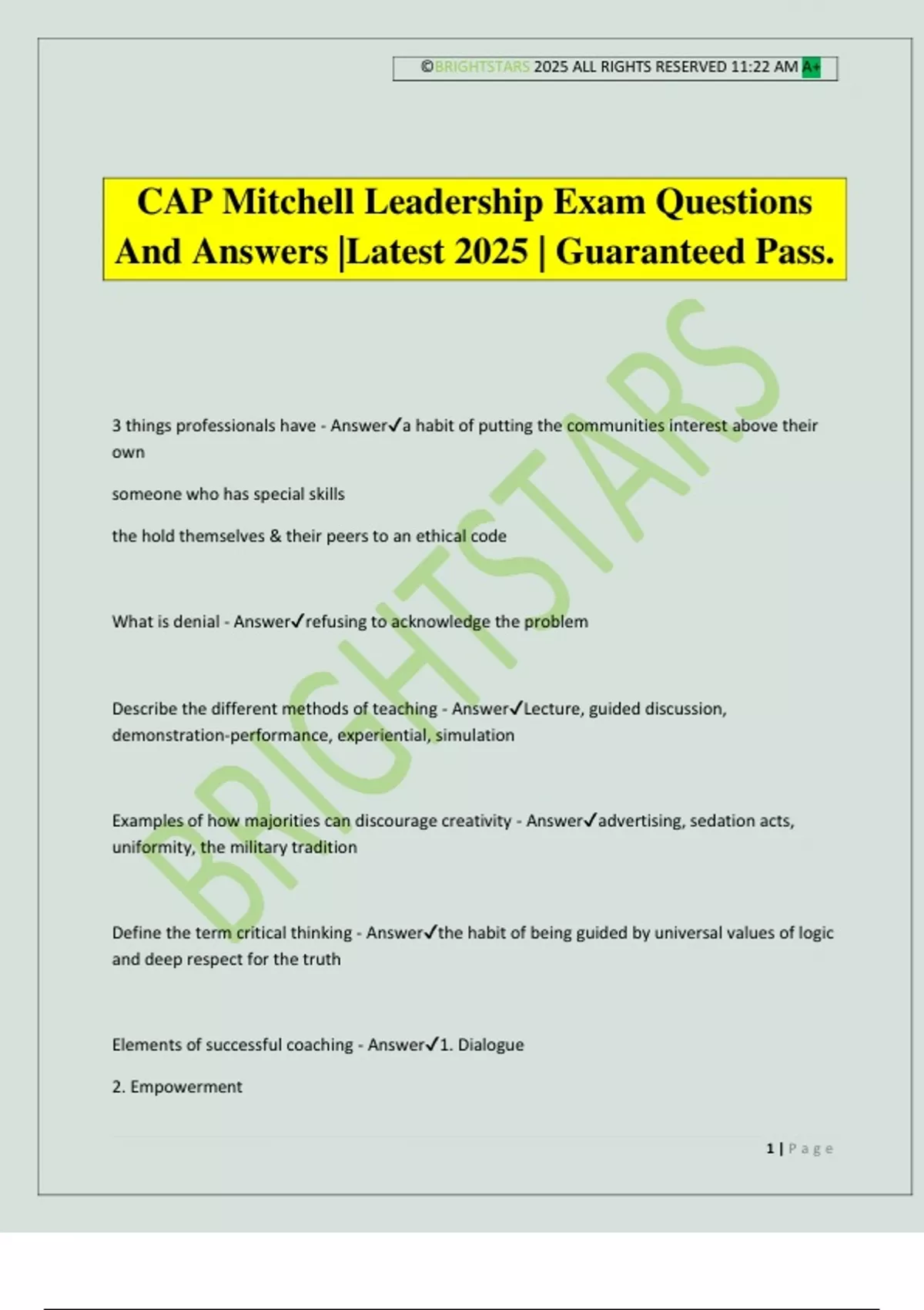 CAP Mitchell Leadership Exam Questions And Answers |Latest 2025 ...