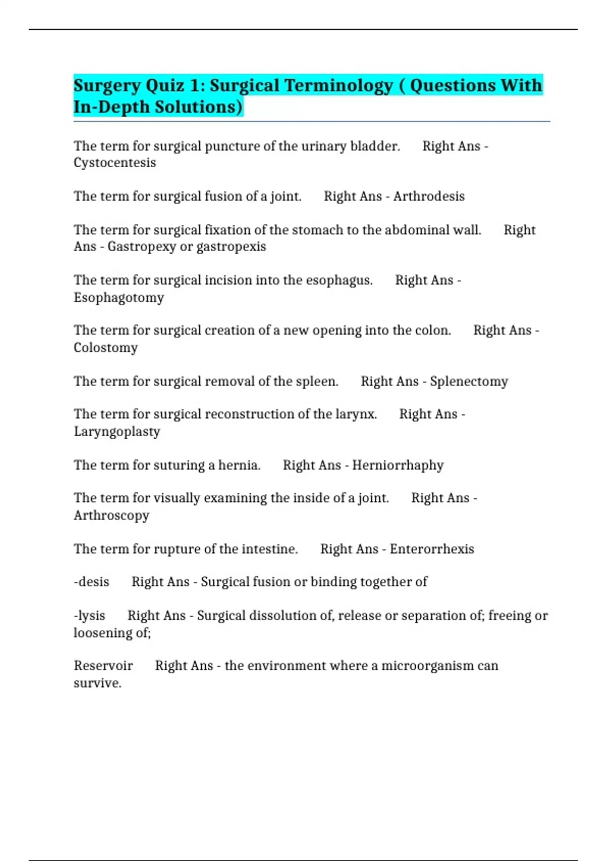 Surgery Quiz 1: Surgical Terminology ( Questions With In-Depth ...