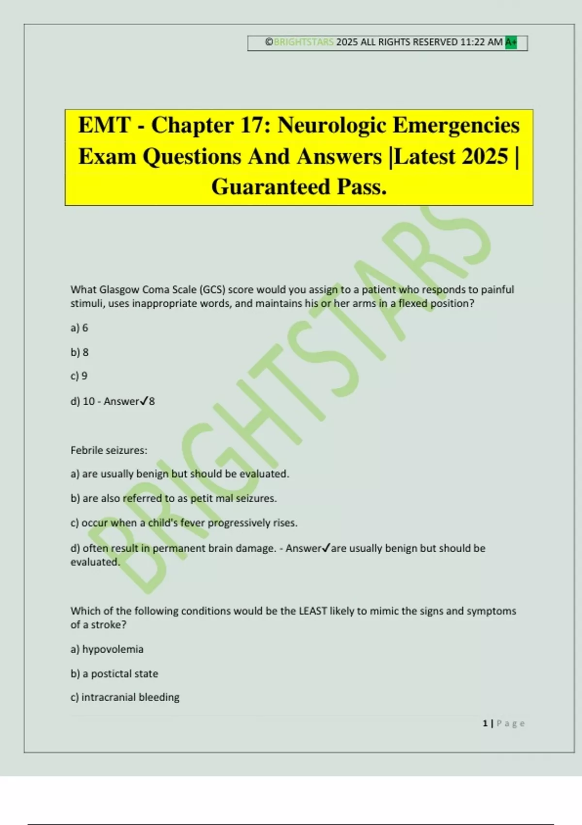 EMT - Chapter 17: Neurologic Emergencies Exam Questions And Answers ...