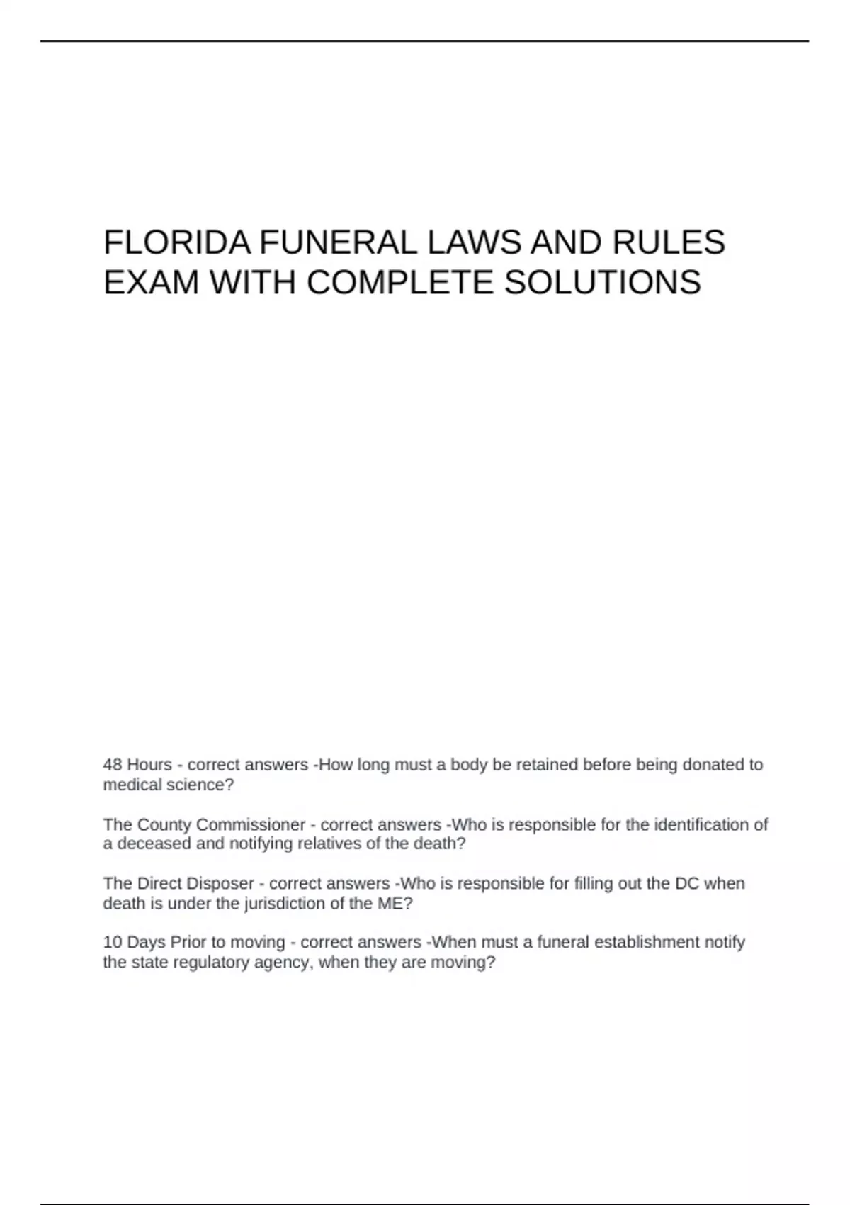 FLORIDA FUNERAL LAWS AND RULES EXAM WITH COMPLETE SOLUTIONS - FLORIDA ...