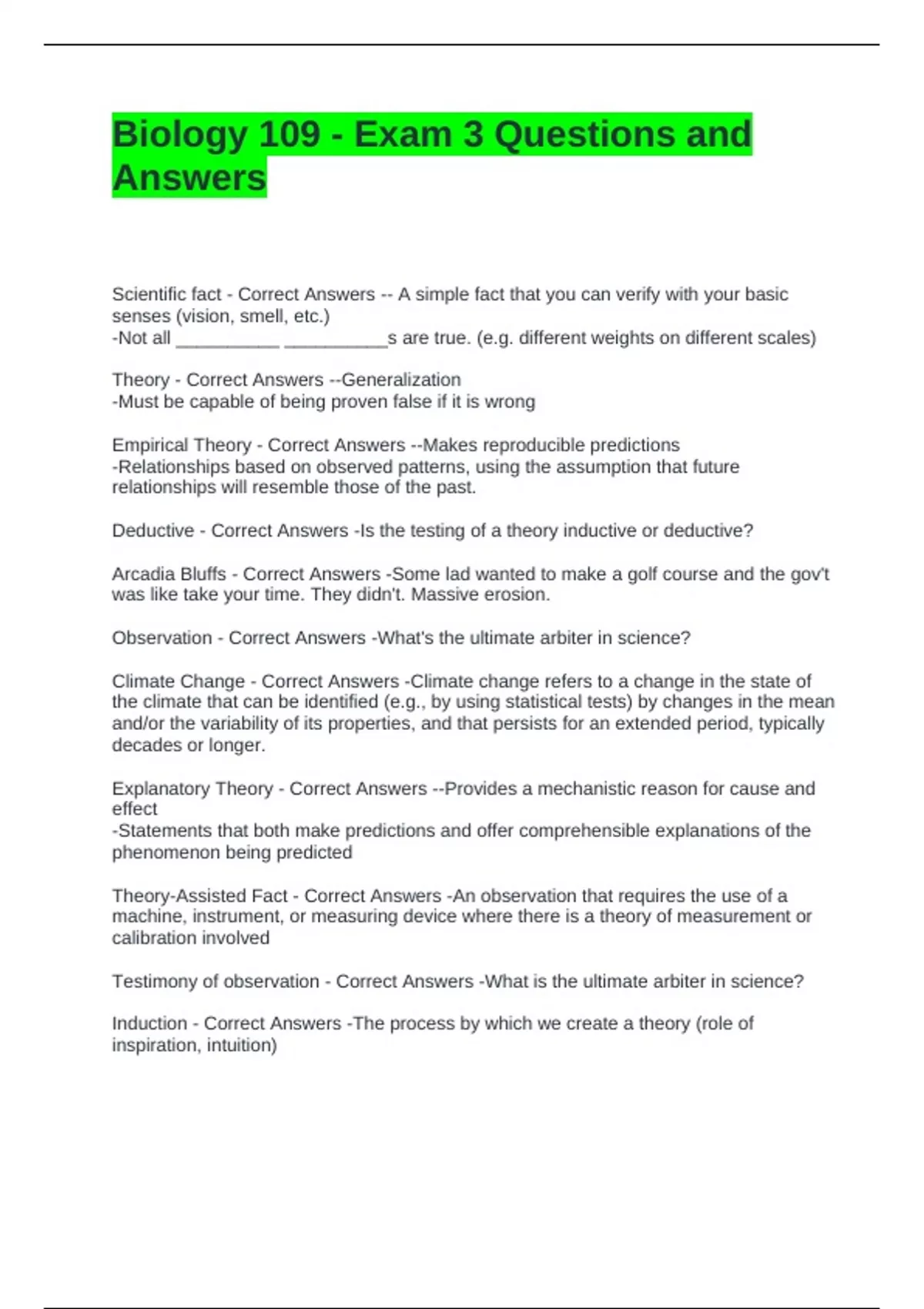 Biology 109 - Exam 3 Questions and Answers - Bio 109 - Stuvia US