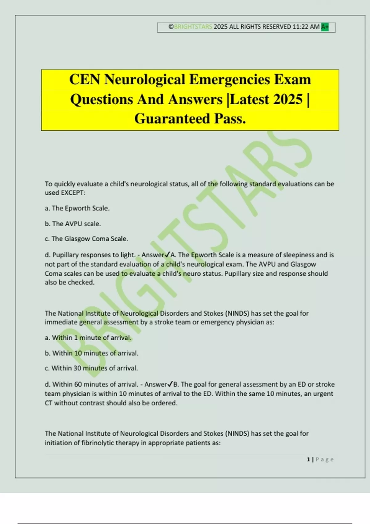 CEN Neurological Emergencies Exam Questions And Answers |Latest 2025 ...