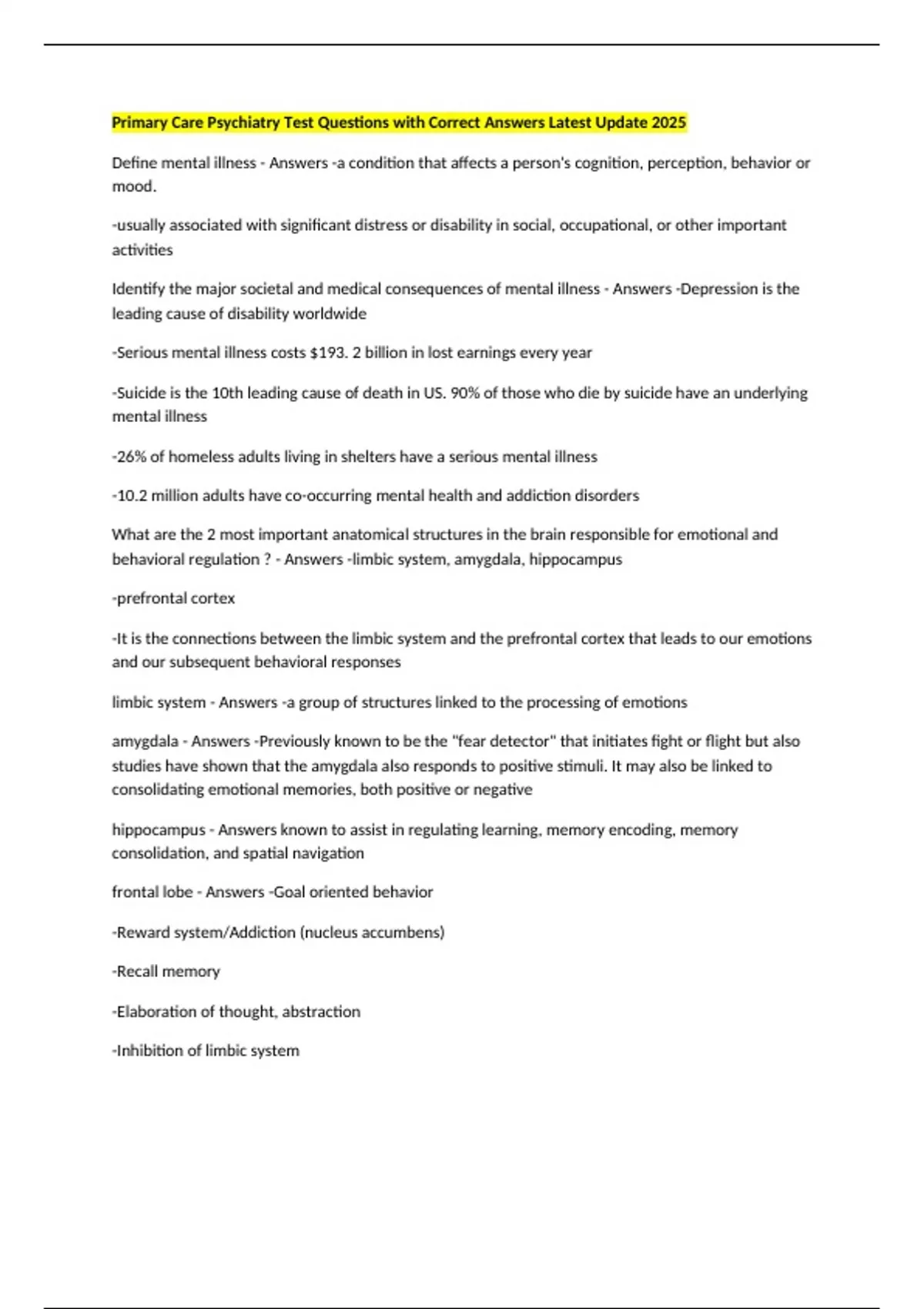 Primary Care Psychiatry Test Questions with Correct Answers Latest ...