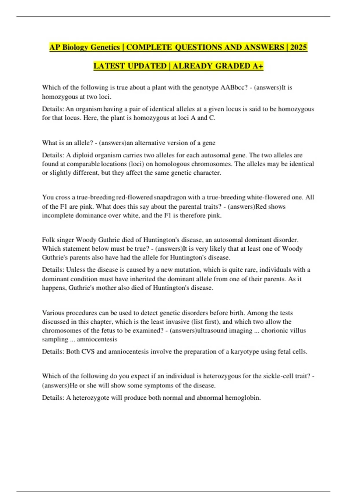 AP Biology Genetics | COMPLETE QUESTIONS AND ANSWERS | 2025 LATEST ...