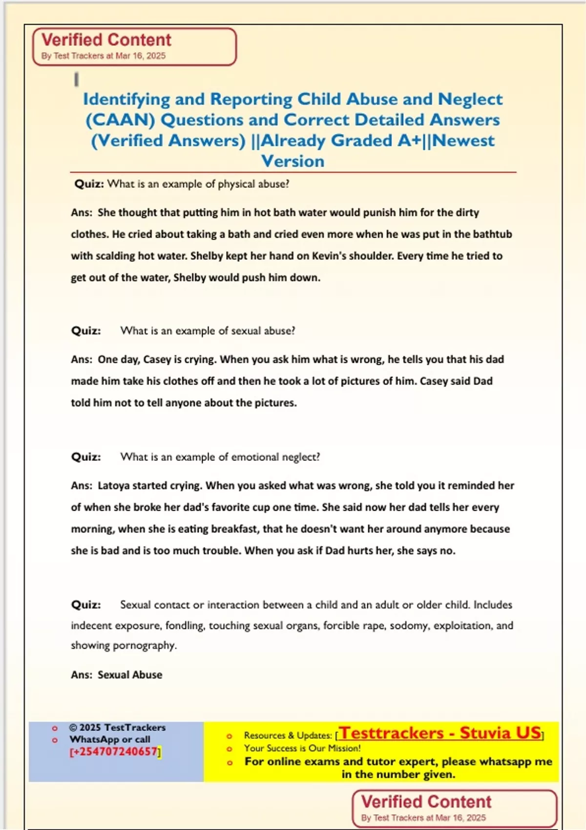 Identifying and Reporting Child Abuse and Neglect (CAAN) Questions and Correct Detailed Answers ...