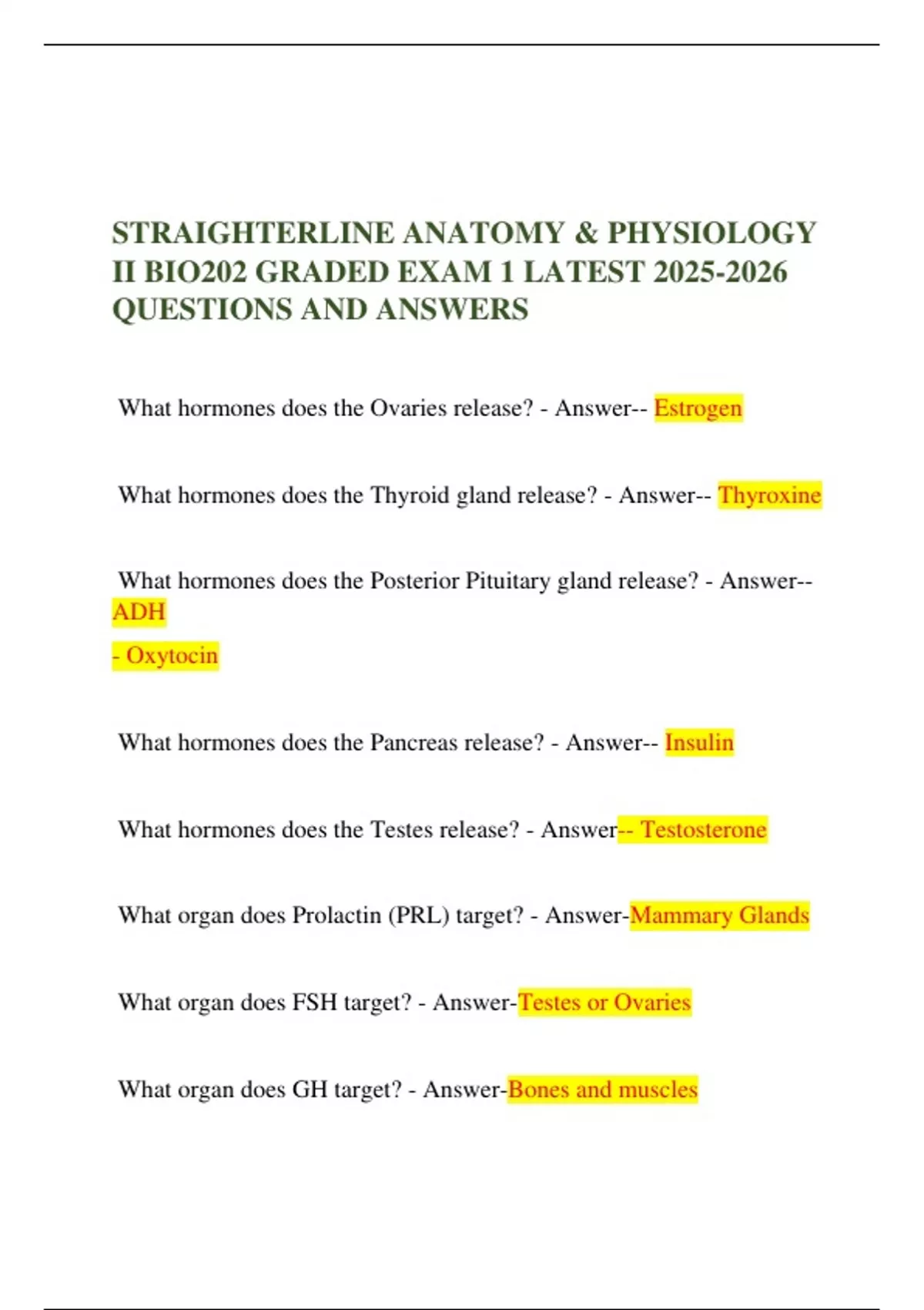STRAIGHTERLINE ANATOMY & PHYSIOLOGY II BIO202 GRADED EXAM 1 LATEST ...