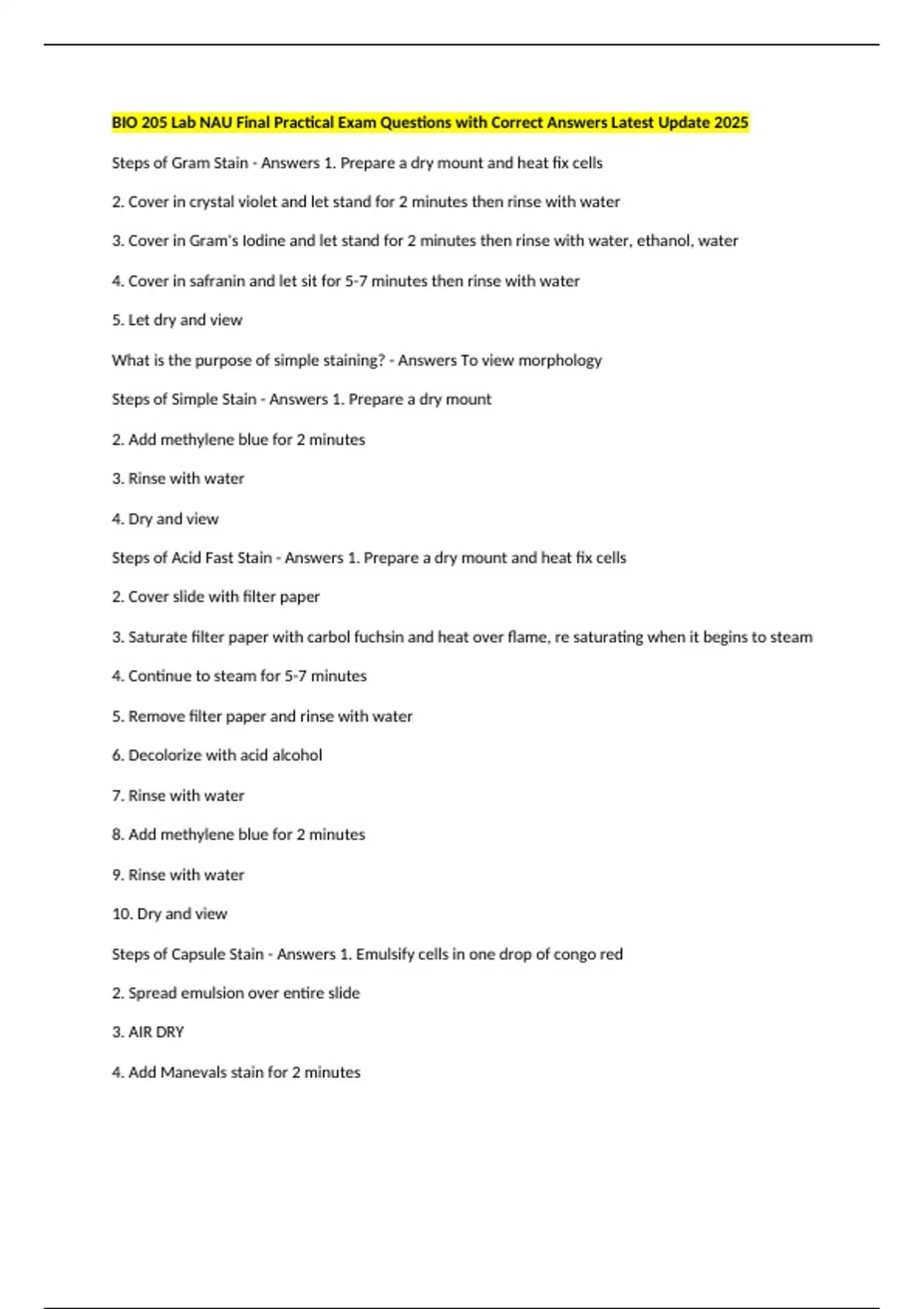 BIO 205 Lab NAU Final Practical Exam Questions with Correct Answers ...