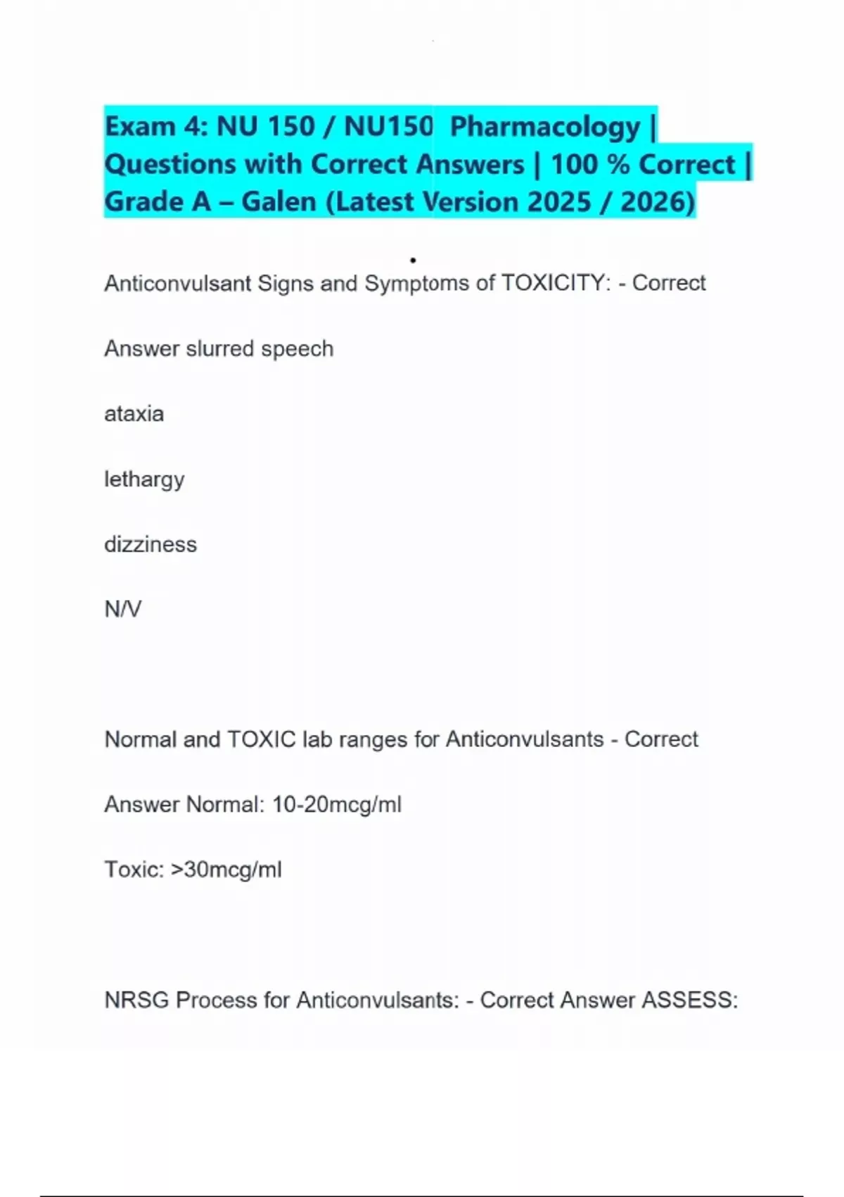 Exam 4: NU 150 / NU150 Pharmacology | Questions with Correct Answers ...
