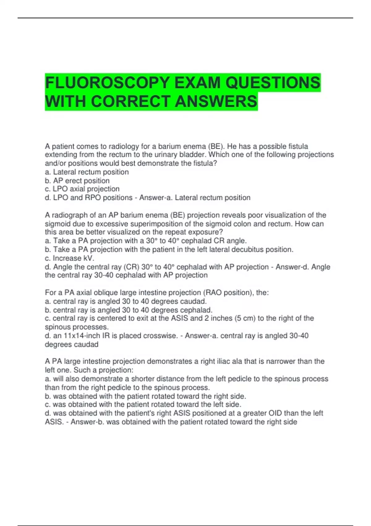 FLUOROSCOPY EXAM QUESTIONS WITH CORRECT ANSWERS - FLUOROSCOPY - Stuvia US