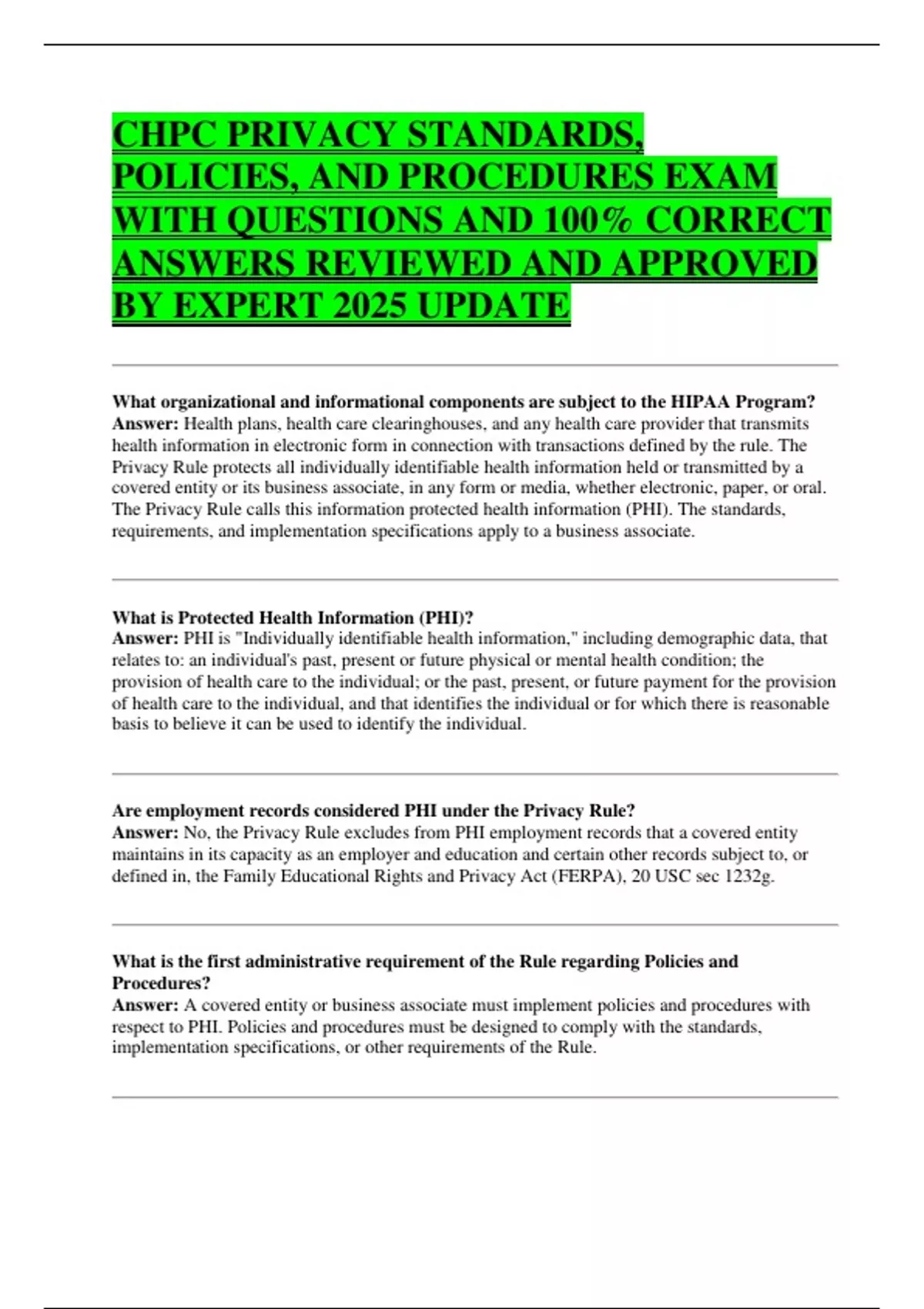 CHPC PRIVACY STANDARDS, POLICIES, AND PROCEDURES EXAM WITH QUESTIONS ...