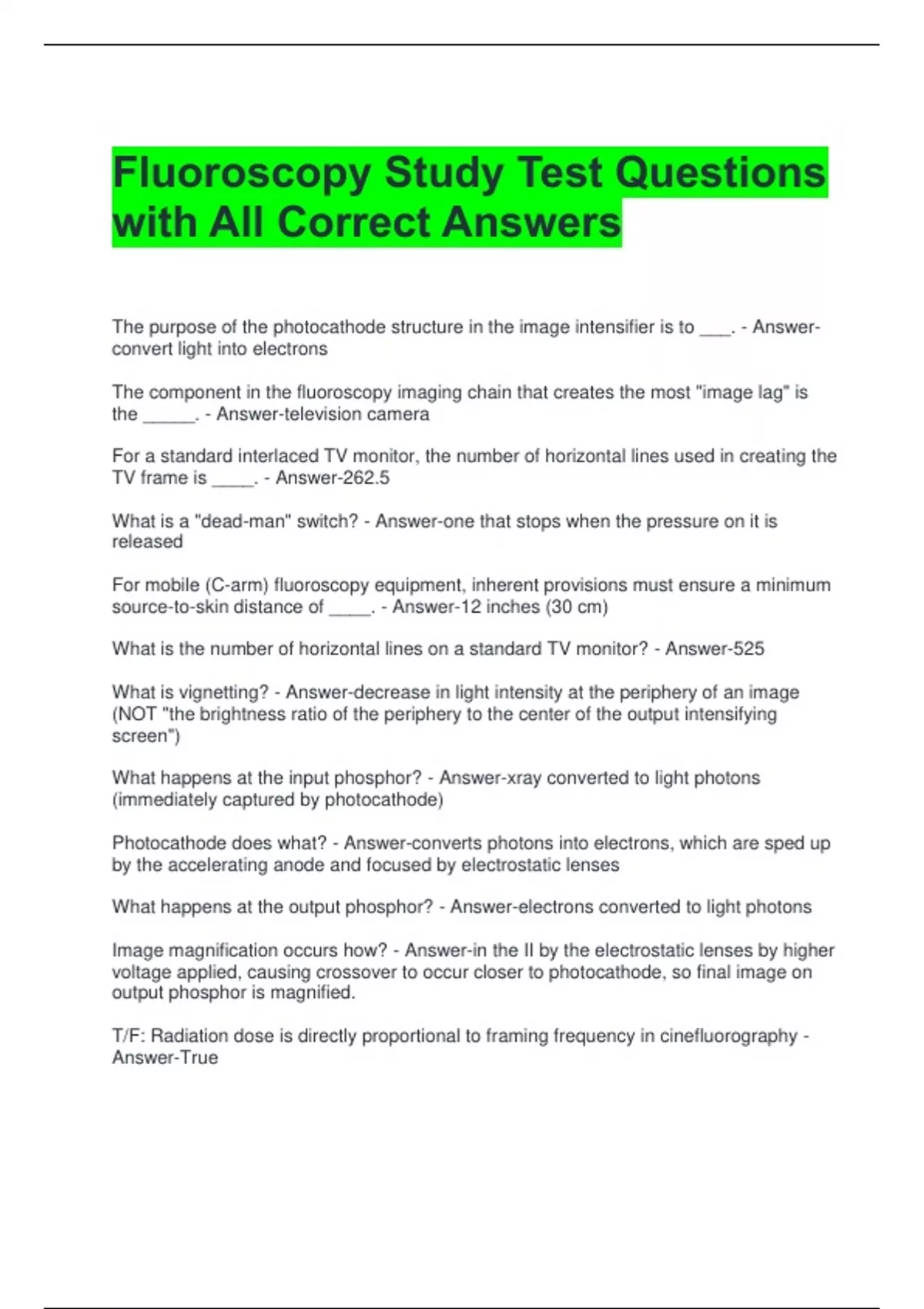 Fluoroscopy Study Test Questions with All Correct Answers - Fluoroscopy ...
