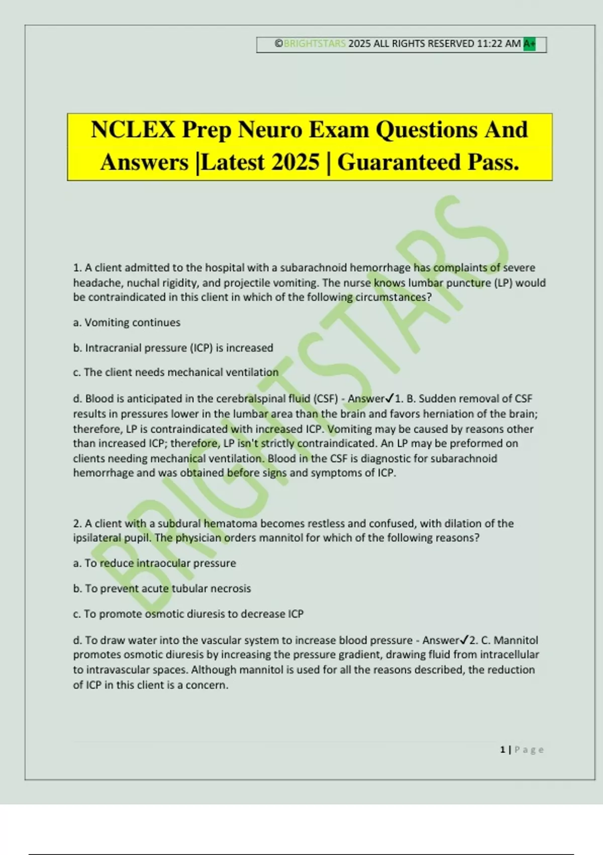 NCLEX Prep Neuro Exam Questions And Answers |Latest 2025 | Guaranteed ...