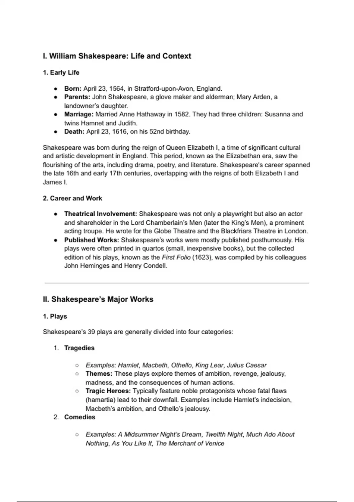 study notes on William shakspear and his major works - English - Stuvia UK