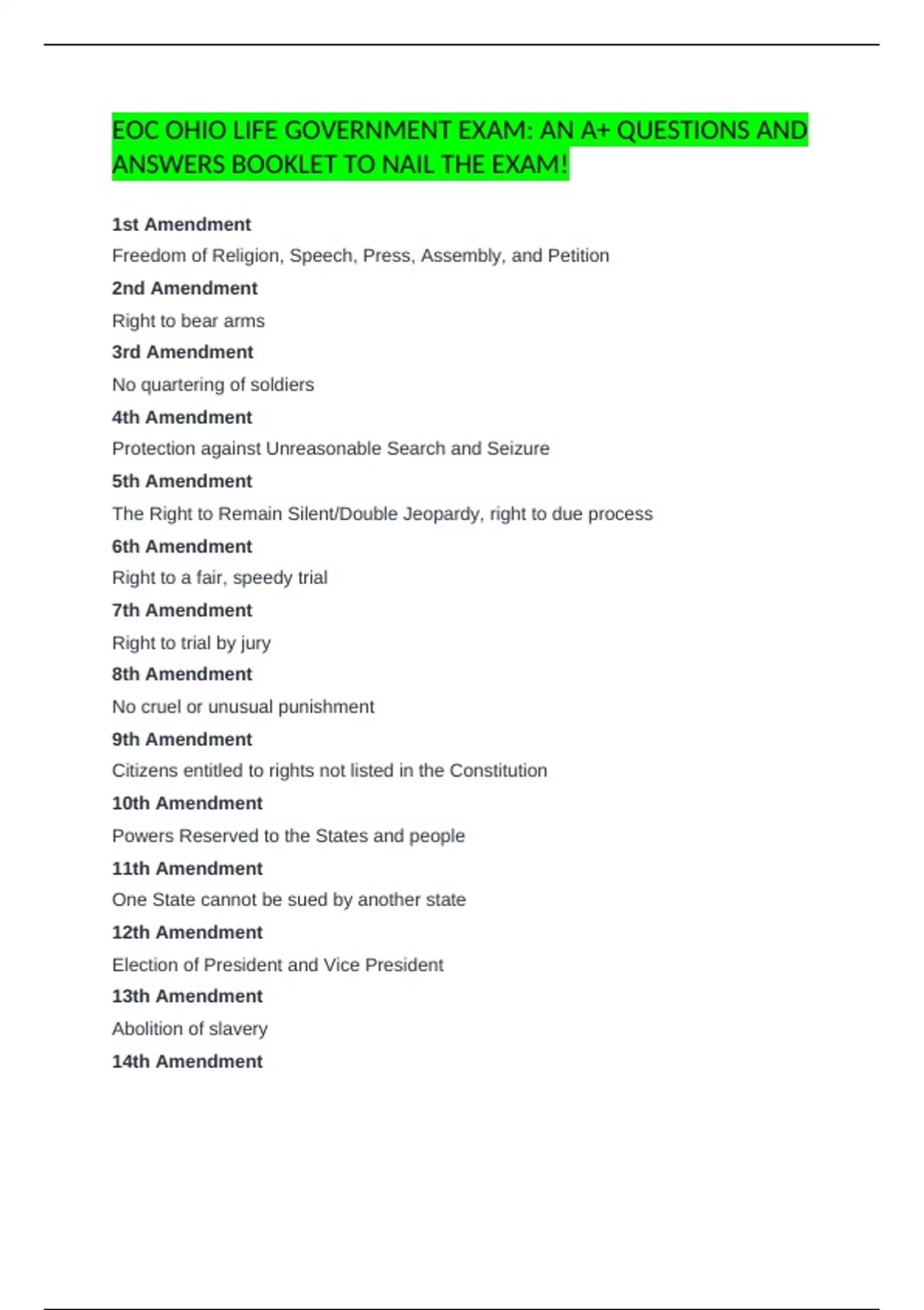 EOC OHIO LIFE GOVERNMENT EXAM: AN A+ QUESTIONS AND ANSWERS BOOKLET TO ...