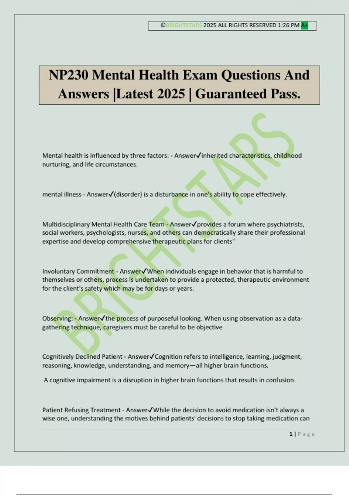 NP230 Mental Health Exam Questions And Answers |Latest 2025 ...