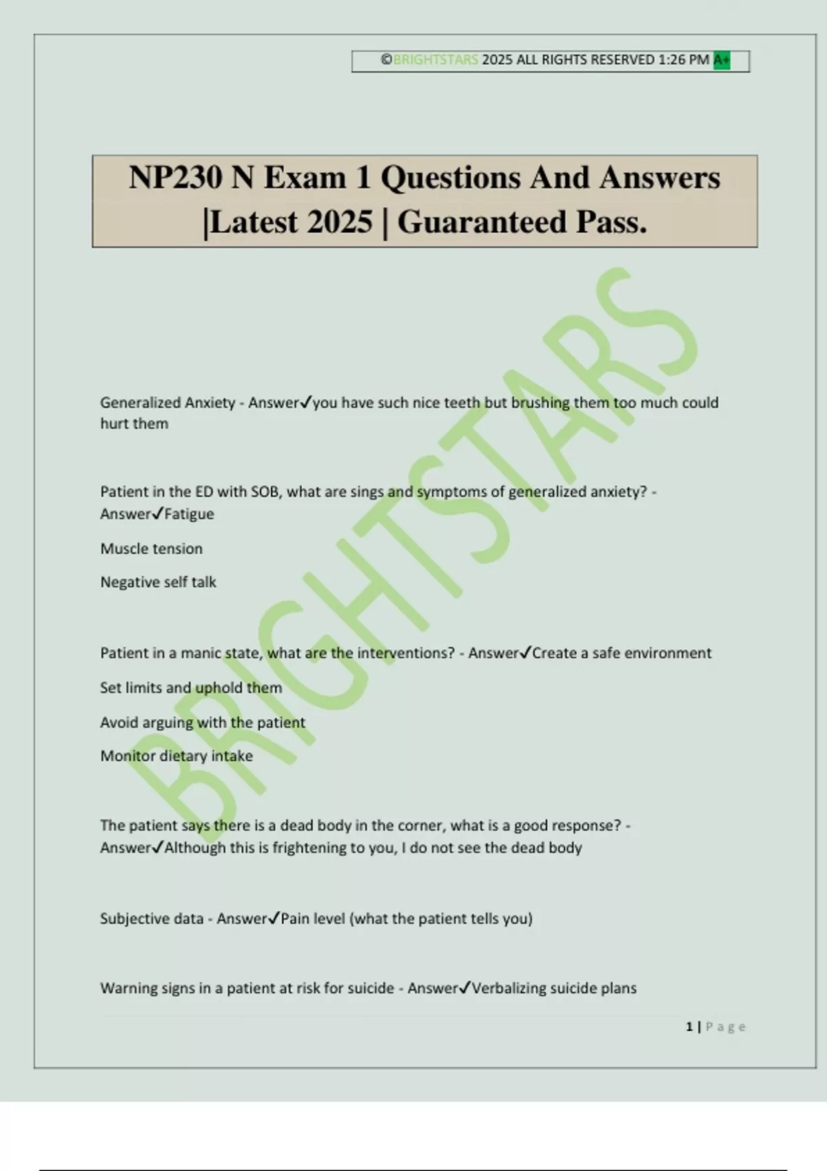 NP230 N Exam 1 Questions And Answers |Latest 2025 | Guaranteed Pass ...