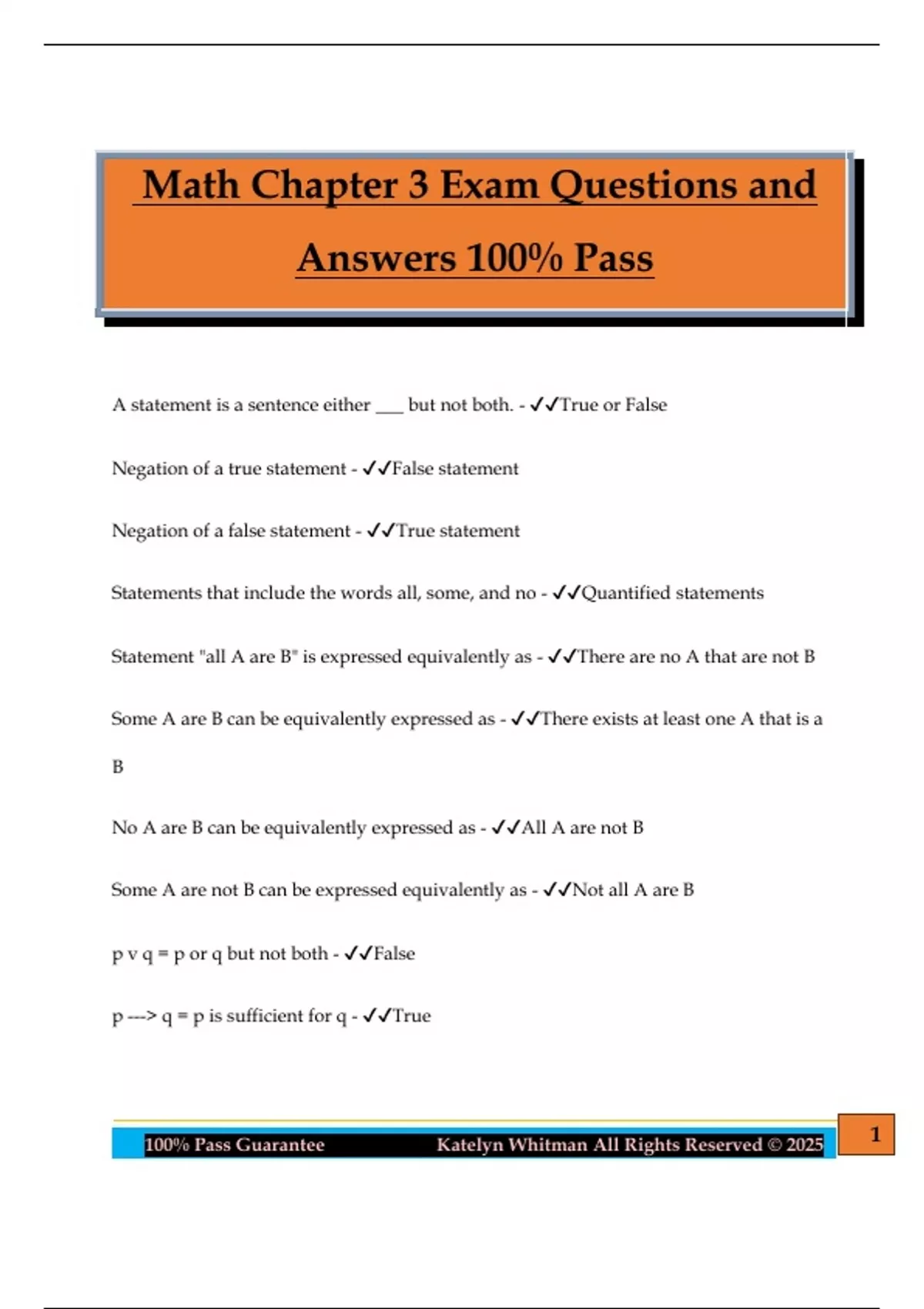 Math Chapter 3 Exam Questions and Answers 100% Pass - Math - Stuvia US