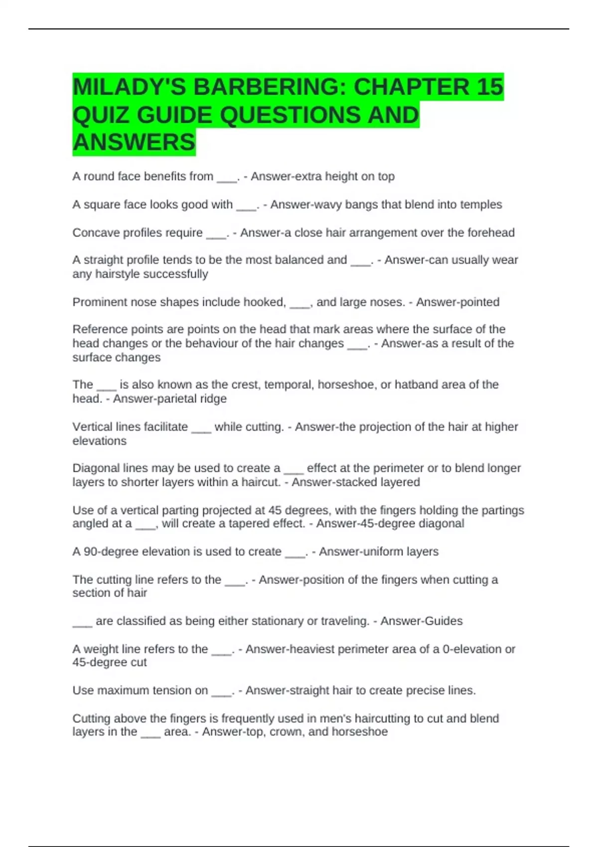 MILADY'S BARBERING: CHAPTER 15 QUIZ GUIDE QUESTIONS AND ANSWERS ...