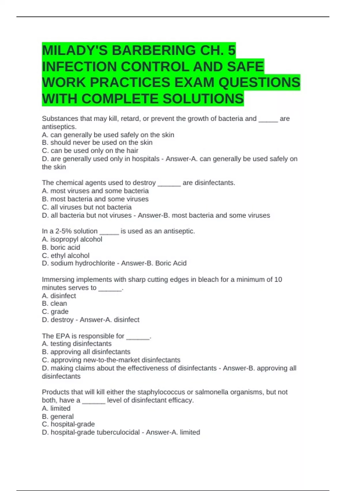 MILADY'S BARBERING CH. 5 INFECTION CONTROL AND SAFE WORK PRACTICES EXAM ...