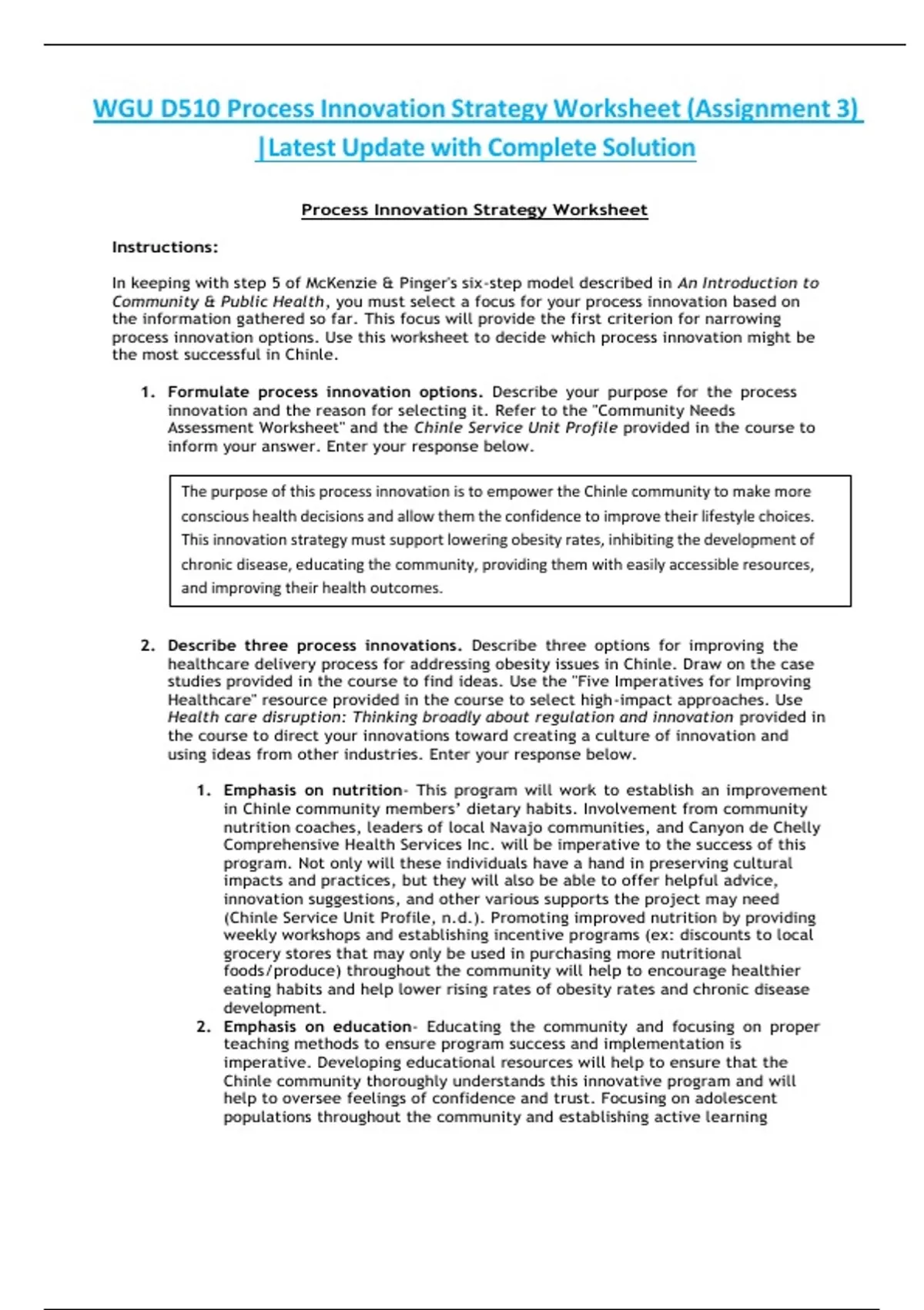 WGU D510 Process Innovation Strategy Worksheet (Assignment 3) |Latest ...
