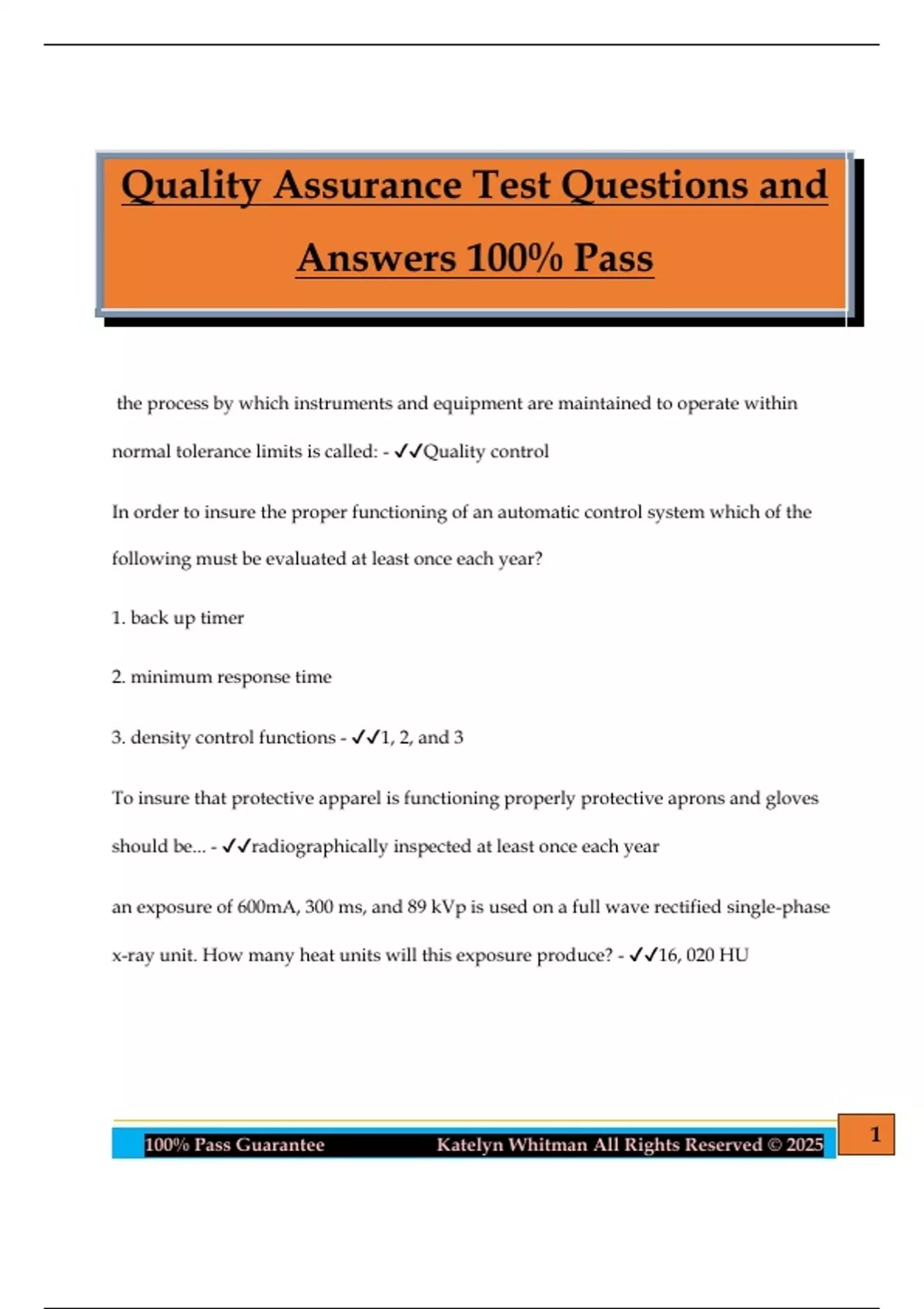 Quality Assurance Test Questions and Answers 100% Pass - Quality ...