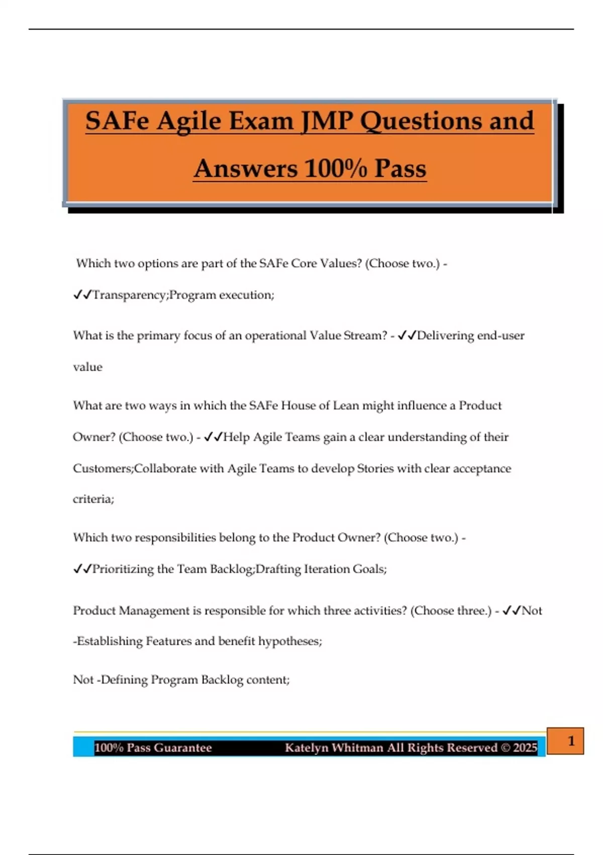 Safe Agile Exam Jmp Questions And Answers 100 Pass Safe Agile Product Management Stuvia Us