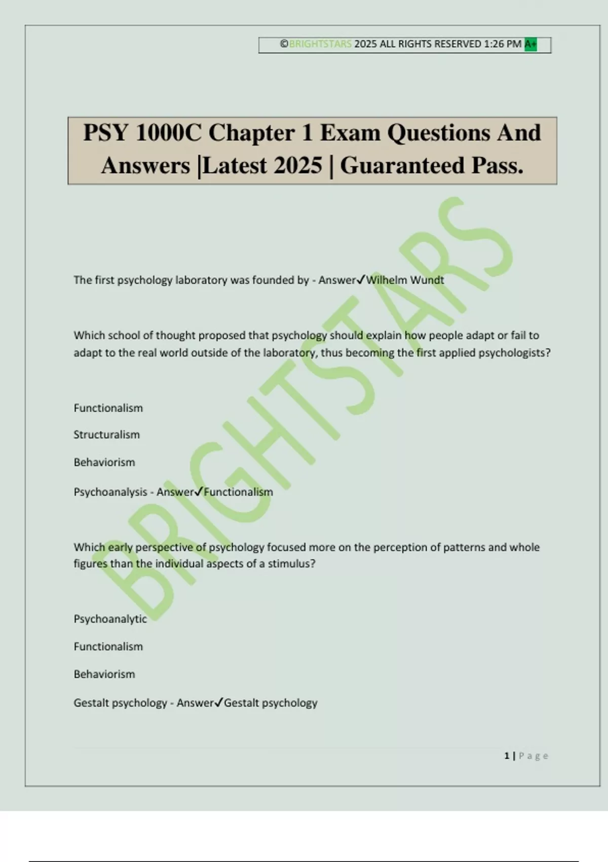 PSY 1000C Chapter 1 Exam Questions And Answers |Latest 2025 ...