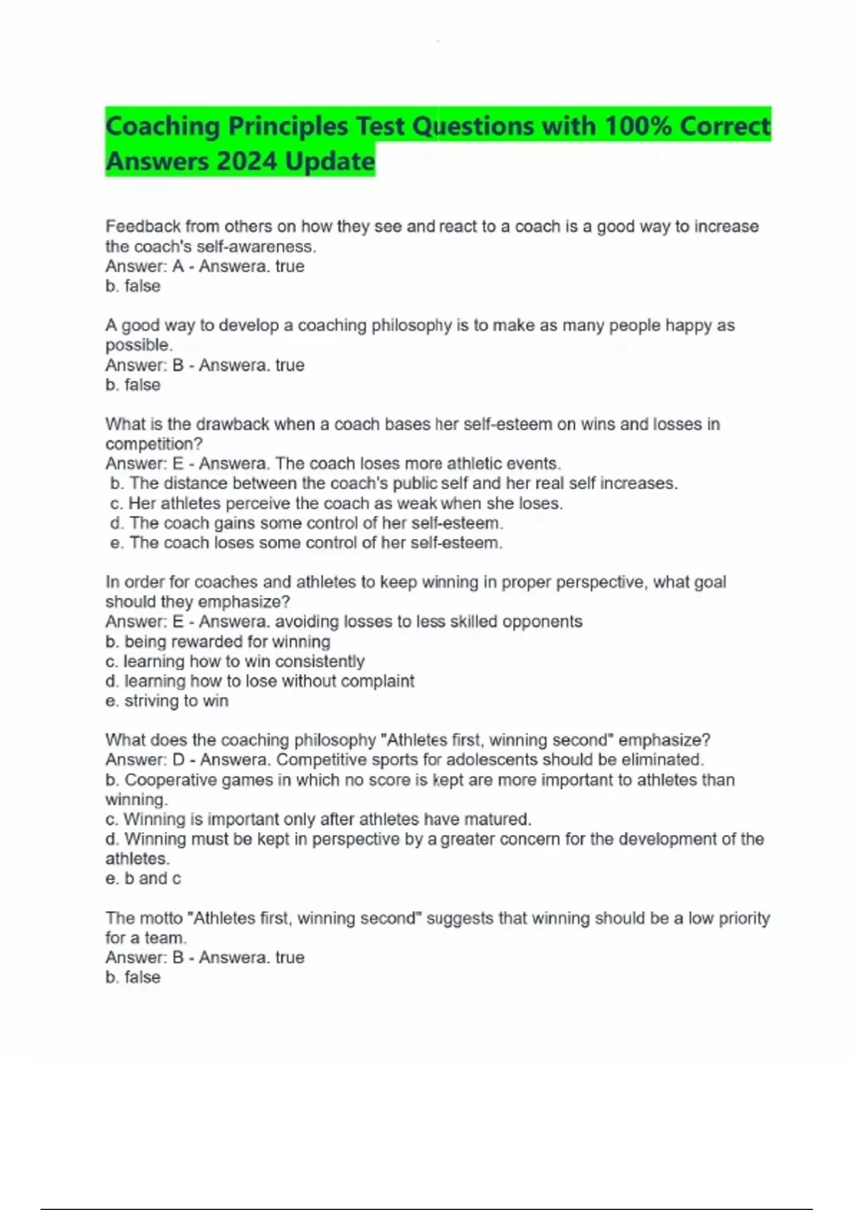 Coaching Principles Test Questions with 100% Correct Answers 2024 ...