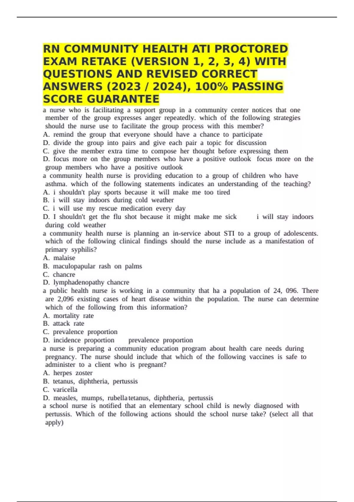 RN Community Health ATI Proctored Exam Retake (Version 1, 2, 3, 4) with ...
