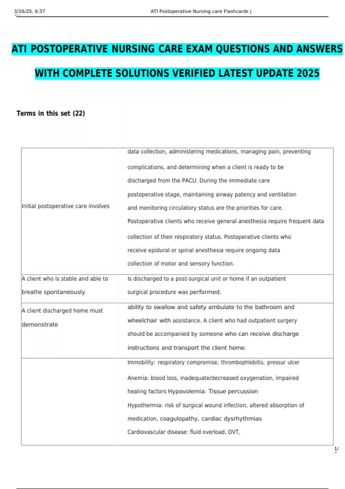 ATI POSTOPERATIVE NURSING CARE EXAM QUESTIONS AND ANSWERS WITH COMPLETE ...
