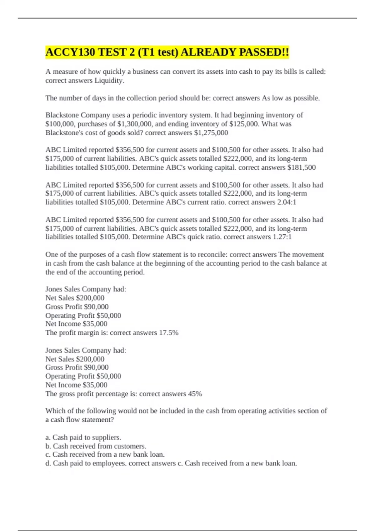 ACCY130 TEST 2 (T1 test) ALREADY PASSED!! - ACCY130 - Stuvia US