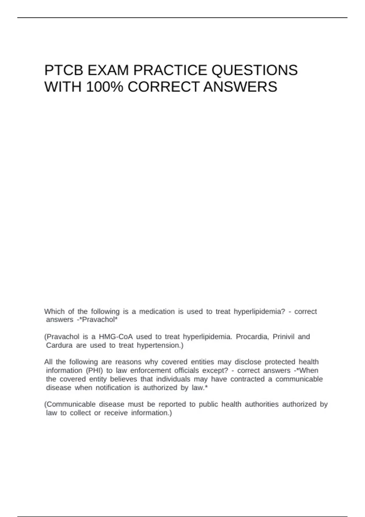 PTCB EXAM PRACTICE QUESTIONS WITH 100% CORRECT ANSWERS - PTCB Practice ...