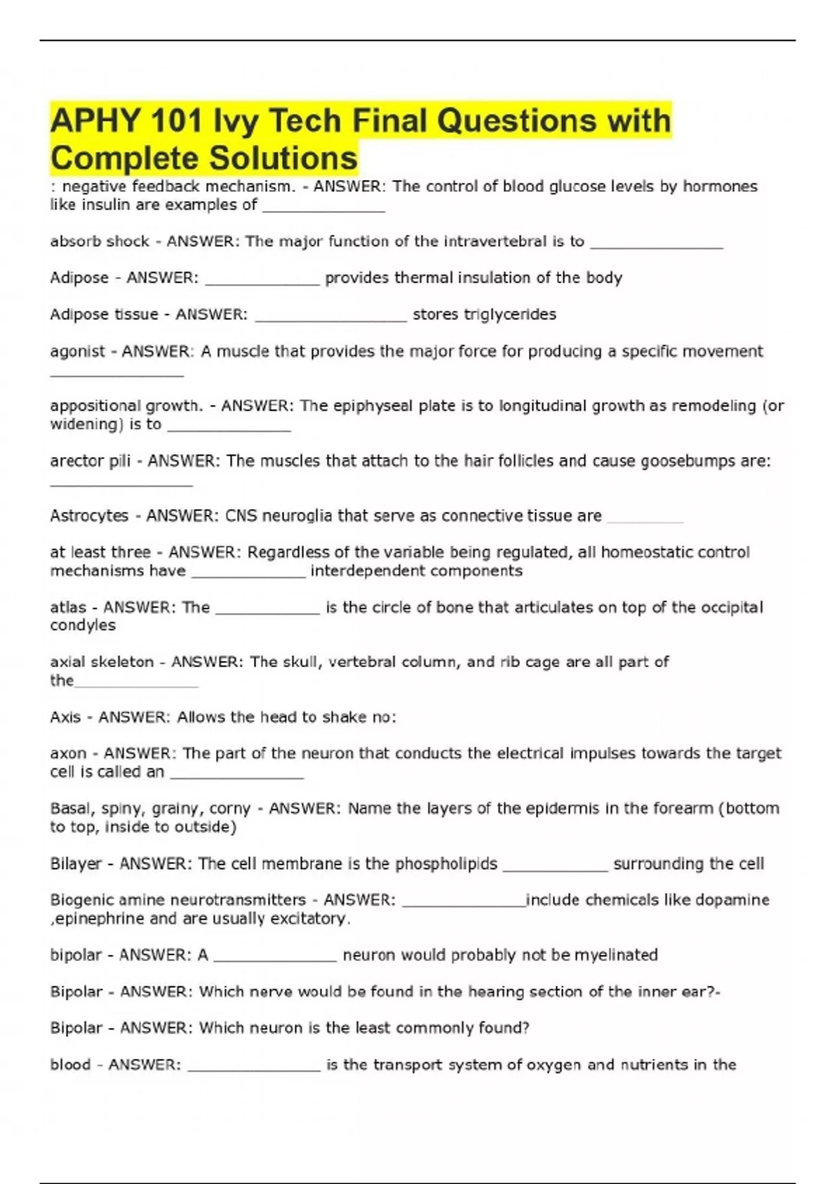 APHY 101 Ivy Tech Final Questions with Complete Solutions - CHEM 101 ...