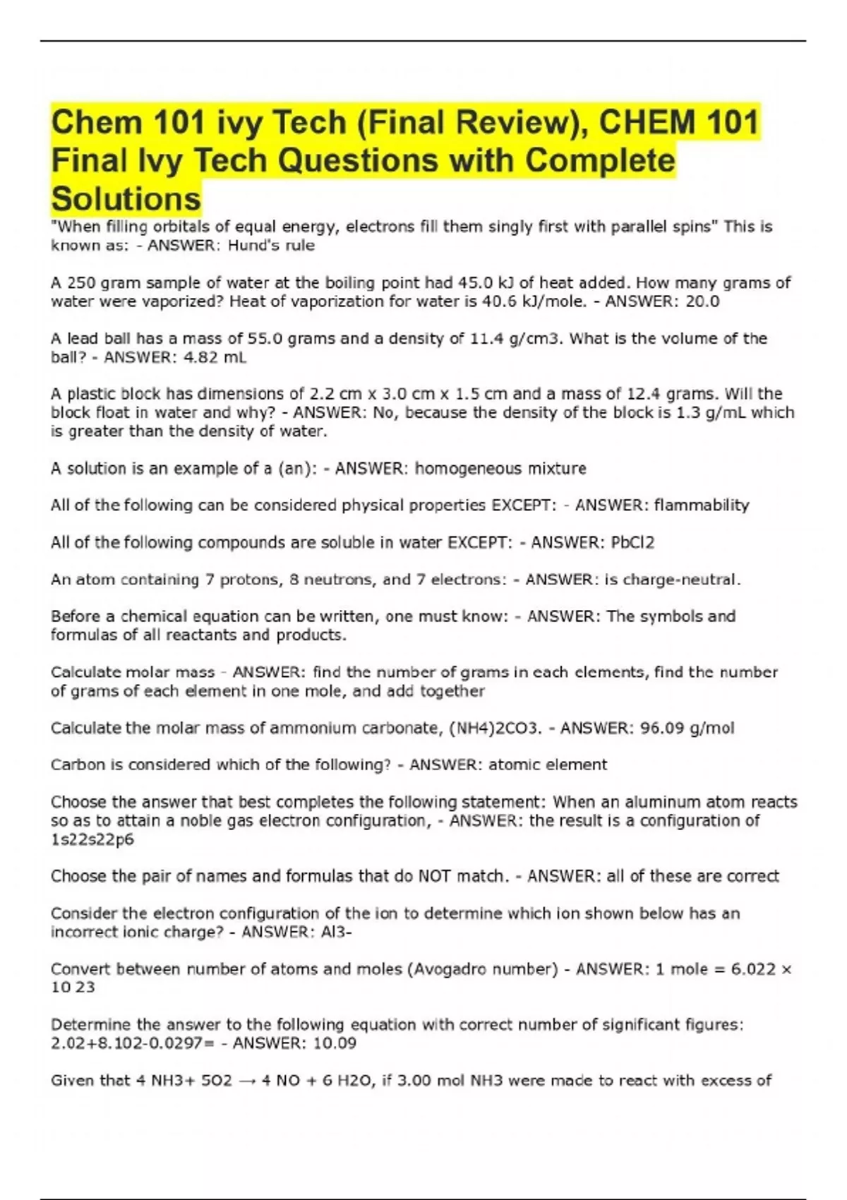 Chem 101 ivy Tech (Final Review), CHEM 101 Final Ivy Tech Questions with Complete Solutions ...